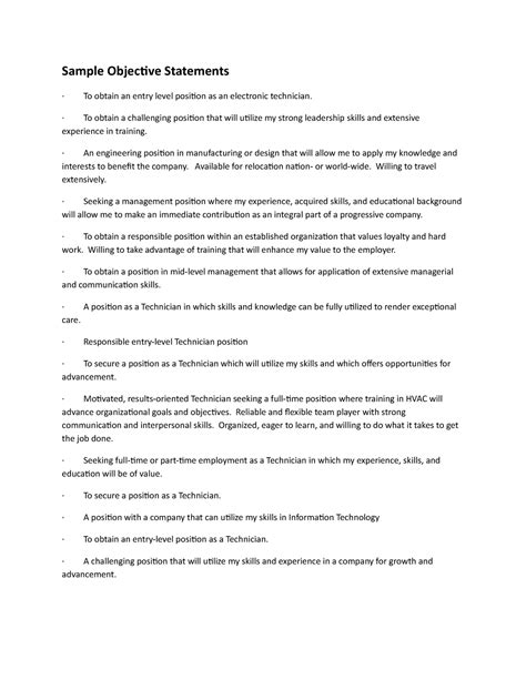 Sample Objective Statements Edited Sample Objective Statements To Obtain An Entry Level