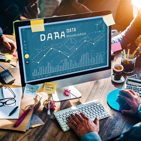 Interactive Data Visualization Tool On A Computer Screen With Sticky Notes And Calculator