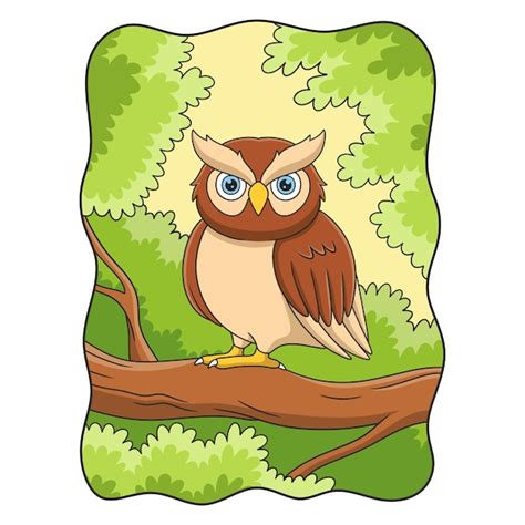 Premium Vector Cartoon Illustration Owl Is Perching On A Big Tree Trunk During The Day