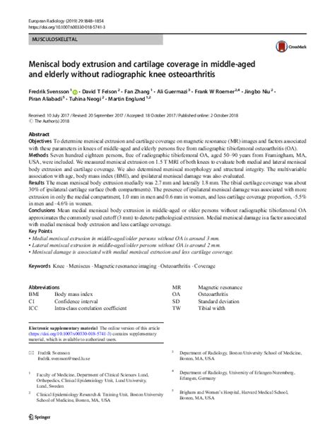 Pdf Meniscal Body Extrusion And Cartilage Coverage In Middle Aged And