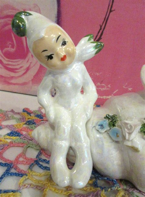 Vintage 1950s Esd Lefton Pixie Elf Sitting On A Seashell Iridescent Lusterware Ceramic Planter