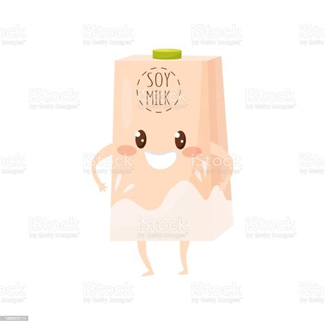 인간 답게 된 간장 우유 종이 팩에서 귀여운 웃는 얼굴 문자 만화 낙농 제품입니다 평면 벡터 아이콘 건강한 식생활에 대한 스톡