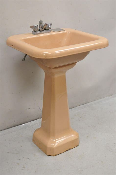 Vintage Mid Century Porcelain Enamel Salmon Pink Bathroom Pedestal Sink