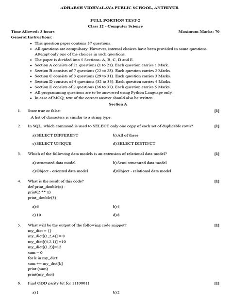 Xii Cs Qp Full Portion 1 Maths Cs Pdf Relational Model Computer Network