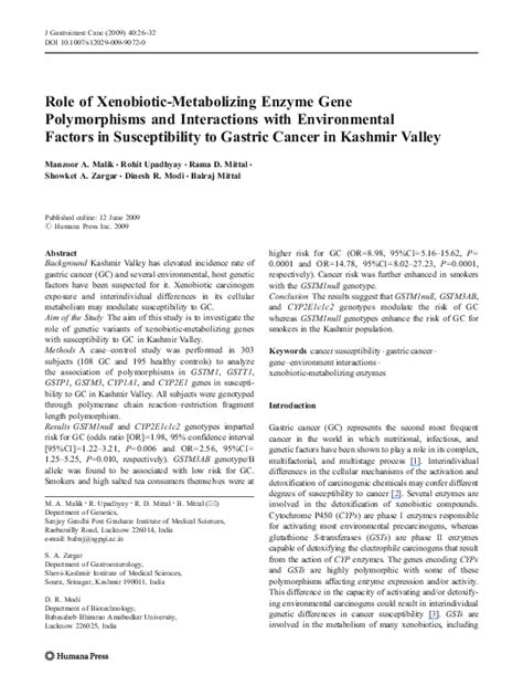 Pdf Role Of Xenobiotic Metabolizing Enzyme Gene Polymorphisms And