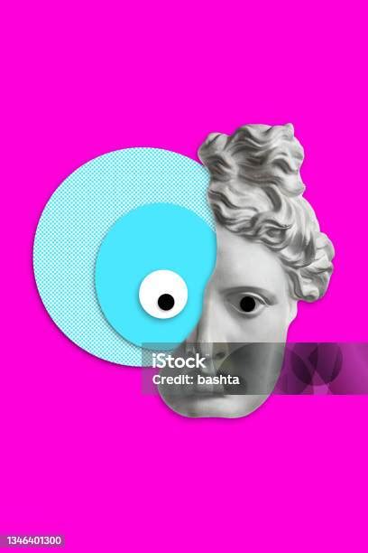 팝 아트 스타일로 인간의 얼굴의 석고 골동품 조각 콜라주 고대 동상 머리와 현대 창조적 인 개념 이미지 진 문화 현대 미술