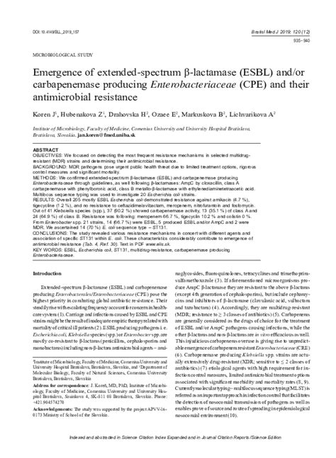 Pdf Emergence Of Extended Spectrum β Lactamase Esbl Andor Carbapenemase Producing