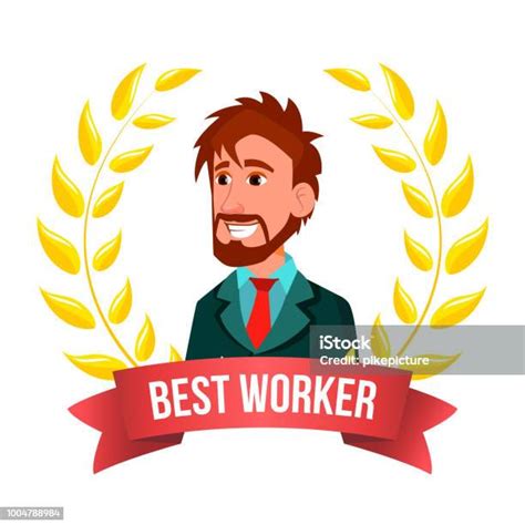 최고의 작업자 직원 벡터입니다 유럽 남자 관리자입니다 우승 트로피 가장 좋은 결과 금 화 환 수상 성공 비즈니스 만화 일러스트