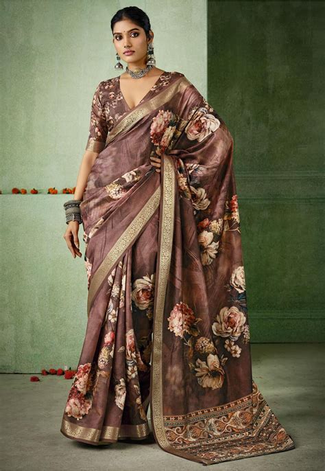 Buy Digital Printed Art Silk Saree In Brown Online Ssea3989 Utsav