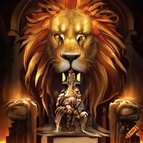 Image Of A Lion Holding A Katana On A Throne