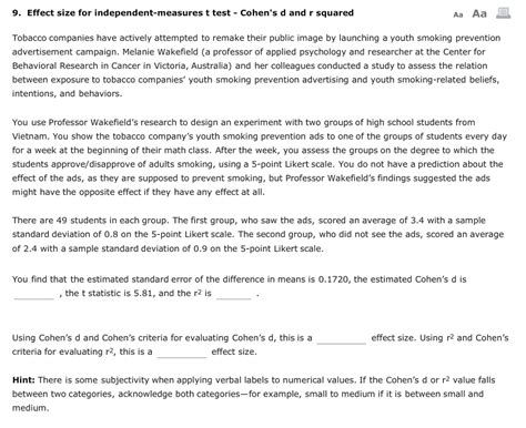 Solved 9 Effect Size For Independent Measures T Test