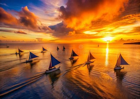 Dramatic Sunset Silhouette Of Traditional Paraw Sailing Boats On Boracay Island Philippines