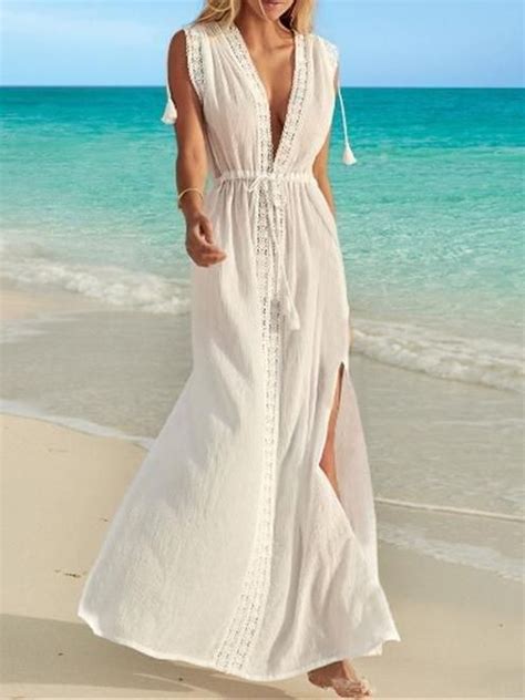 Patchwork Lace Deep V Neck Chic White Long Dress Белые шифоновые