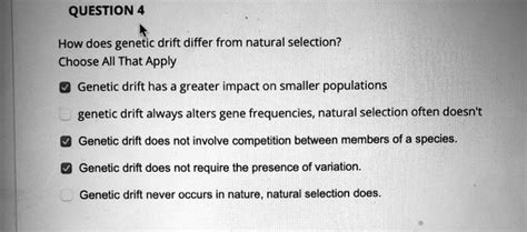 Question 4 How Does Genetic Drift Differ From Natural Selection Choose All That Apply Genetic