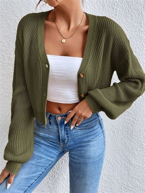 SHEIN SXY Solid Drop Shoulder Button Up Crop Cardigan Womens Cropped