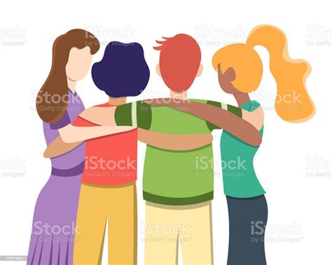 다른 인종의 사람들의 유나이티드 커뮤니티 포옹하는 무리의 사람들이 등을 들고 서 있다 팀워크 협력 우정 개념 사회 또는 인구