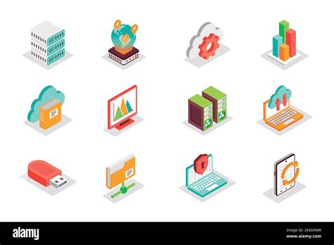 Big Data Concept 3d Isometric Icons Set Bundle Elements Of Server