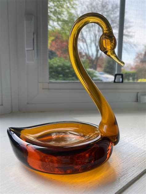 Vintage Amber Yellow Bohemia Crystal Swan Made In Etsy
