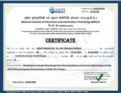Nielit Vlsidesign Vlsi Project Certificate Vlsi Fpgaboard Fpga S Rohit Kumar
