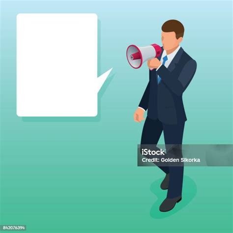 아이소메트릭 남자 스피커 평면 벡터 일러스트와 함께입니다 스피커 또는 스피커입니다 광고에 대한 스톡 벡터 아트 및 기타 이미지