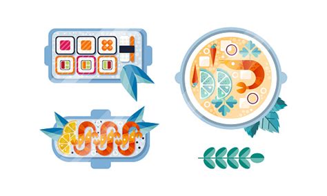 다양한 해산물 요리 세트 스시 롤 새우 플랫 벡터 일러스트레이션 0명에 대한 스톡 벡터 아트 및 기타 이미지 0명 개체 그룹 독일 Istock