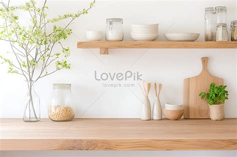 오픈형 선반이 있는 심플한 나무 테이블 배경 사진 및 창의적인 일러스트 무료 다운로드 Lovepik