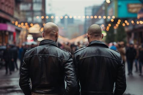 Rückansicht Zweier Skinhead Neonazis Mit Rasiertem Kopf Und In