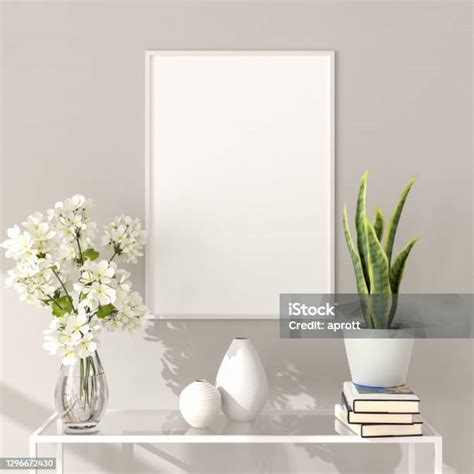 거실에서 모형 사진 프레임 랙 제라늄 꽃 꽃병 책 산세비에리아 식물 햇빛이 범람하고 그림자를 투사합니다 3d 렌더 집 내부에 대한 스톡 사진 및 기타 이미지 Istock