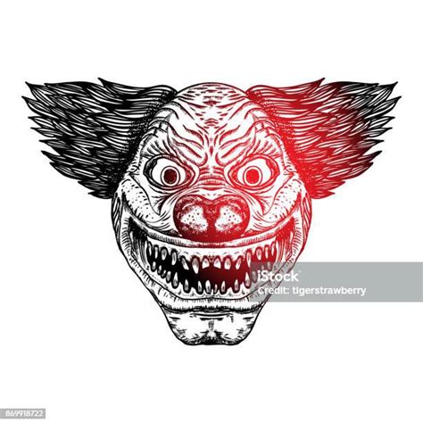 Blackwork 성인 육체 문신 개념의 악마 광대 머리 악몽과 악마 영향에 의해 영감 을된 미소와 함께 무서운 광대 얼굴입니다