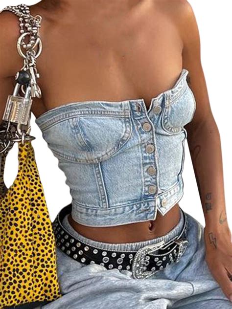Women Denim Bustier Off Shoulder Buttons Tube Top Party Street Wrap
