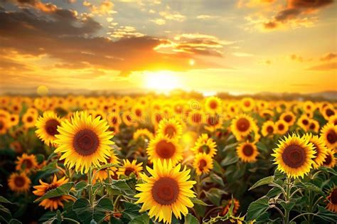 Field Of Yellow Sunflowers On Golden Sunset Stock Illustration