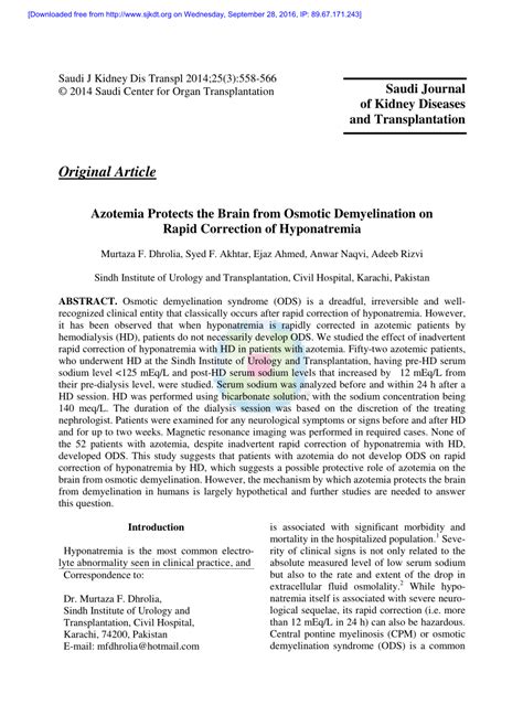 Pdf Azotemia Protects The Brain From Osmotic Demyelination On Rapid Correction Of Hyponatremia