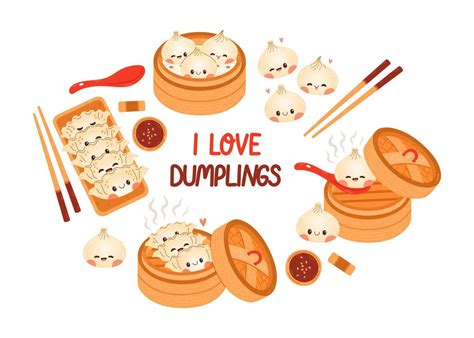 Dumpling And Gyoza Set Vector Drawing Traditional Japanese Dumplings With Funny Smiling Faces