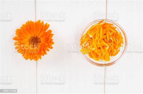 약용 허브입니다 꽃과 꽃잎 흰색 나무 바탕에 금 송 화의 Officinalis 0명에 대한 스톡 사진 및 기타 이미지 0명