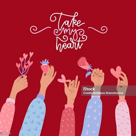 비문 발렌타인 데이 카드 내 마음을 가지고 붉은 배경에 심장 딸기와 꽃많은 손 엽서 포스터 배너 티셔츠 베개 프린트의 디자인을 위해 딸기에 대한 스톡 벡터 아트 및 기타