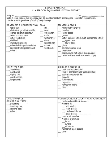 Classroom Equipment Listinventory Template Emaa Head Start Download