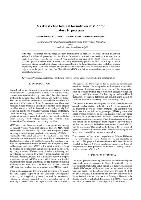 Pdf A Valve Stiction Tolerant Formulation Of Mpc For Industrial Processes