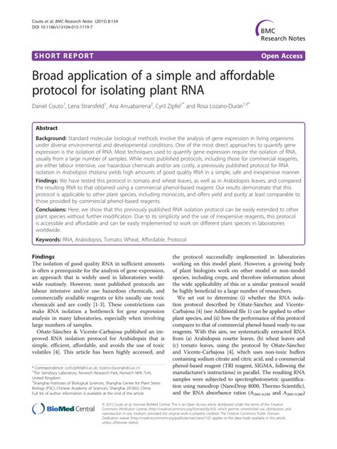 Pdf Broad Application Of A Simple And Affordable Protocol For Isolating Plant Rna