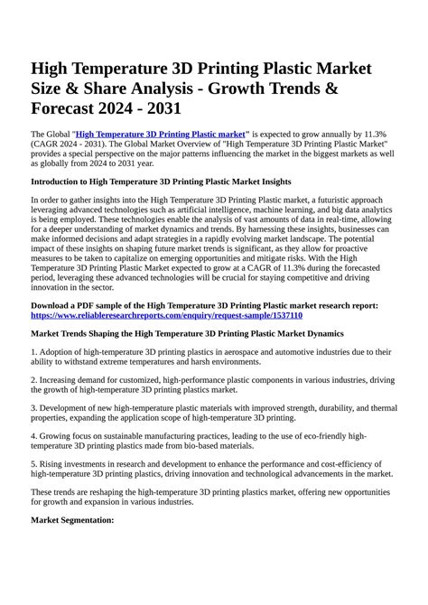 Reportprime High Temperature 3d Printing Plastic Market Size And Share