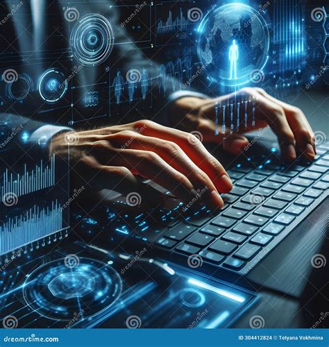 Close Up Of Hands Typing On A Keyboard With Futuristic Holographic Data