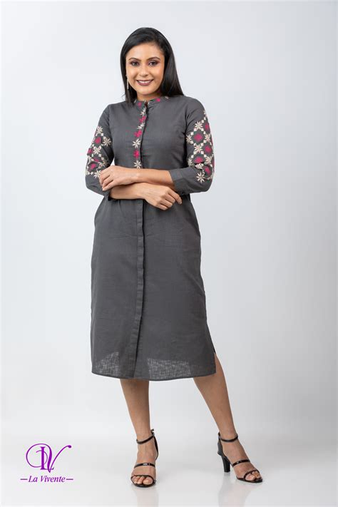 Geometric Embroidered Button Up Midi Dress La Vivente