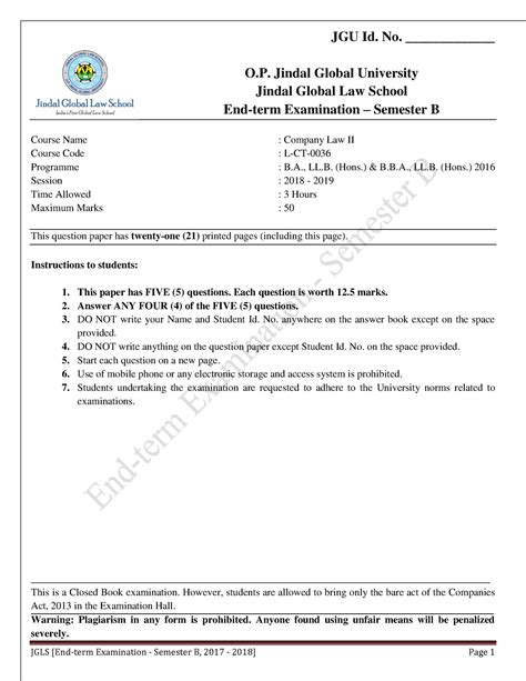Comp Law 2019 Paper JGU Id No Course Name Company