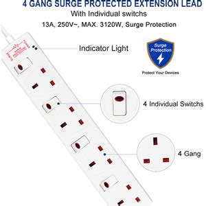 Gang Individually Switched Surge Protected Extension Lead