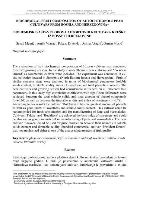 Pdf Biochemical Fruit Composition Of Autochthonous Pear Cultivars