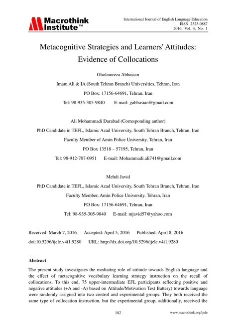 Pdf Metacognitive Strategies And Learners Attitudes Evidence Of Collocations