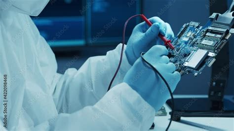 Microelectronics Engineer Works In A Modern Scientific Laboratory On Computing Systems And