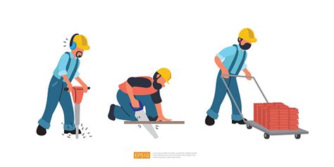 건설 노동자 문자 집합 벡터 그림입니다 벽돌을 나르는 수레를 가진 노동자 잭 해머와 함께 작동하는 헤드폰의 도로 빌더 손톱으로 건설 빌더 거리에 대한 스톡 벡터 아트 및