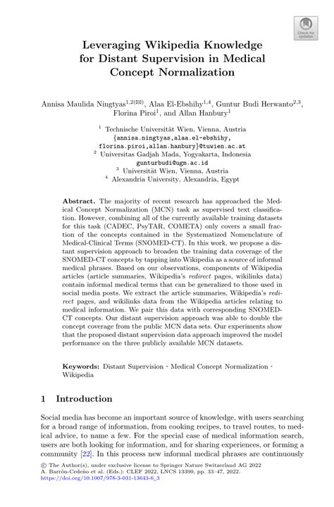 PDF Leveraging Wikipedia Knowledge For Distant Supervision In Medical Concept Normalization