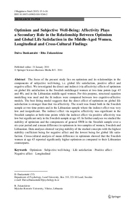 Pdf Optimism And Subjective Well Being Affectivity Plays A Secondary Role In The Relationship