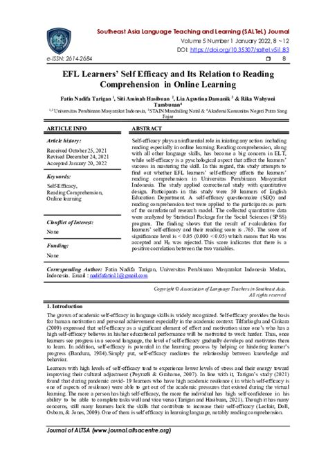 Efl Learners Self Efficacy And Its Relation To Reading Comprehension